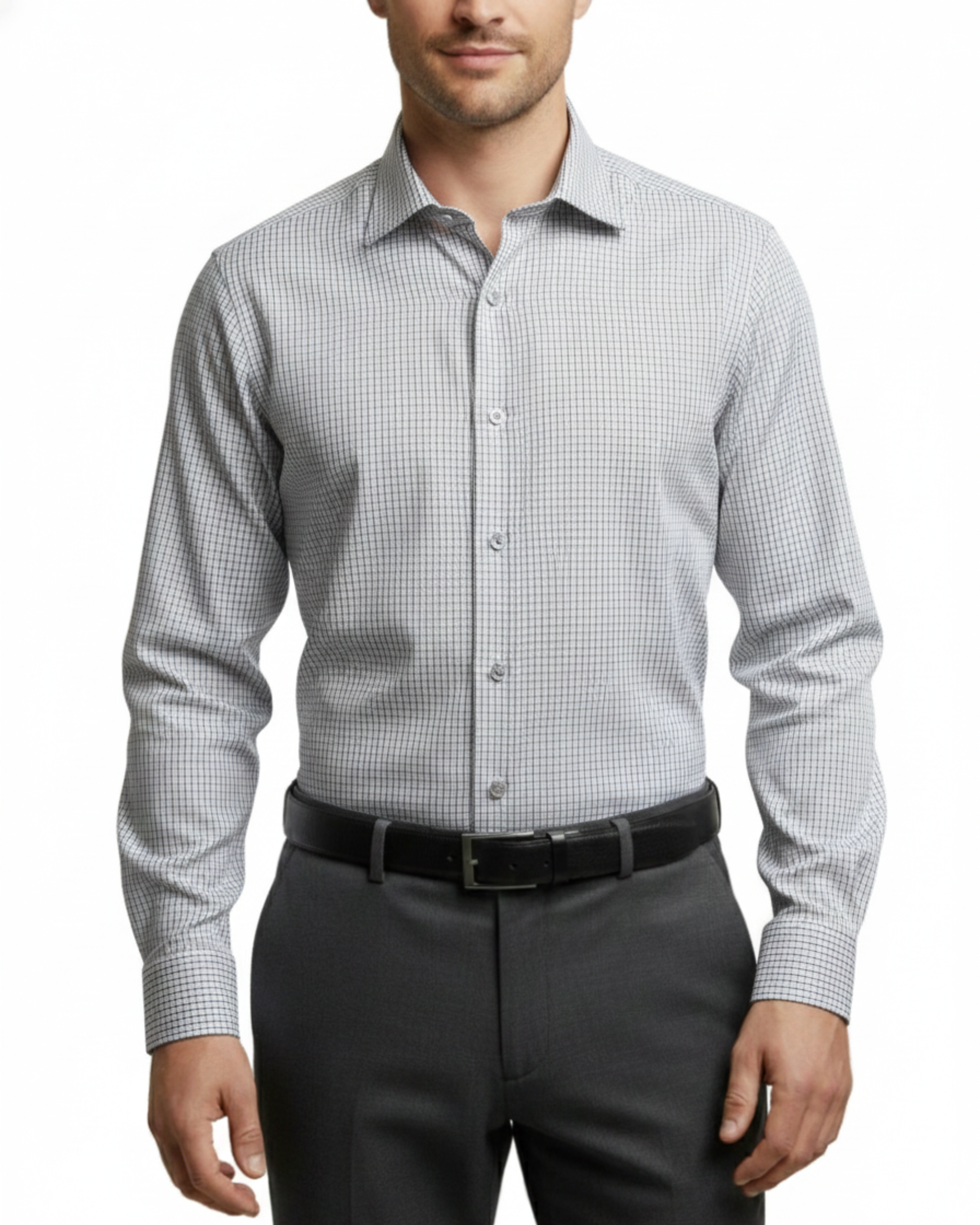 Mens Grid Check White & Black Slim Fit Cotton Blend Stretch Spread Col ...