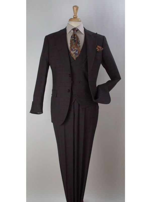 Apollo King Mens Brown Plaid Regular Fit 100% Wool 3 Piece Suit With ...