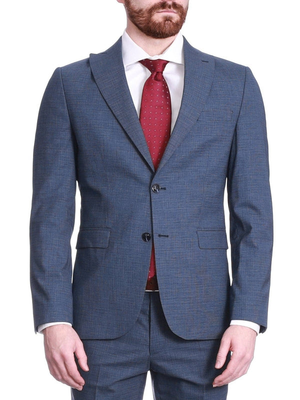 Carducci Mens Blue Mini Check Wool Blend Slim Fit Suit With Peak Lapels ...